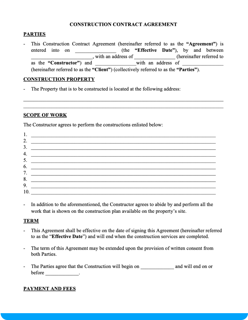 Free Construction Contracts Template