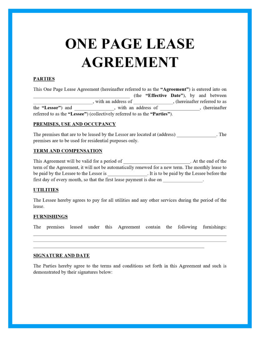 Free Printable Simple One Page Lease Agreement