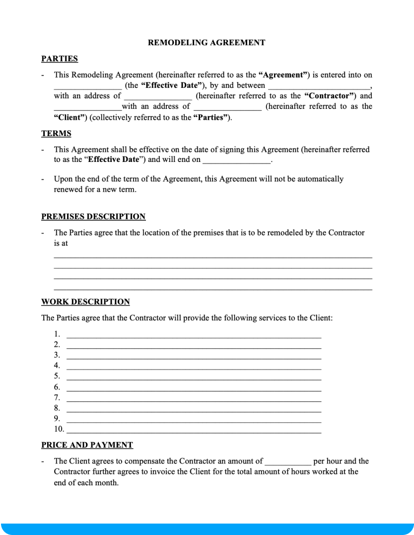 Printable Free Remodeling Contract Template Word Printable Templates