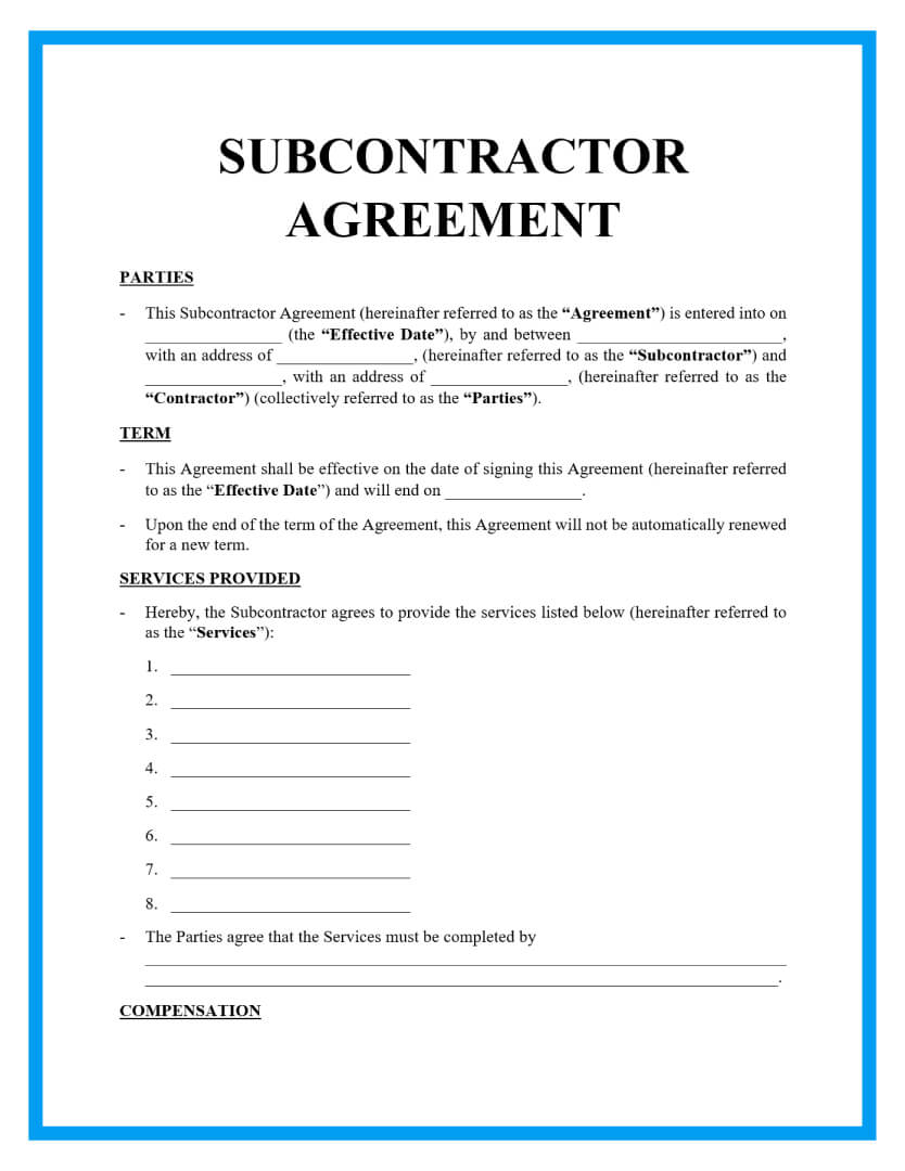 Construction Free Printable Subcontractor Agreement Printable Templates